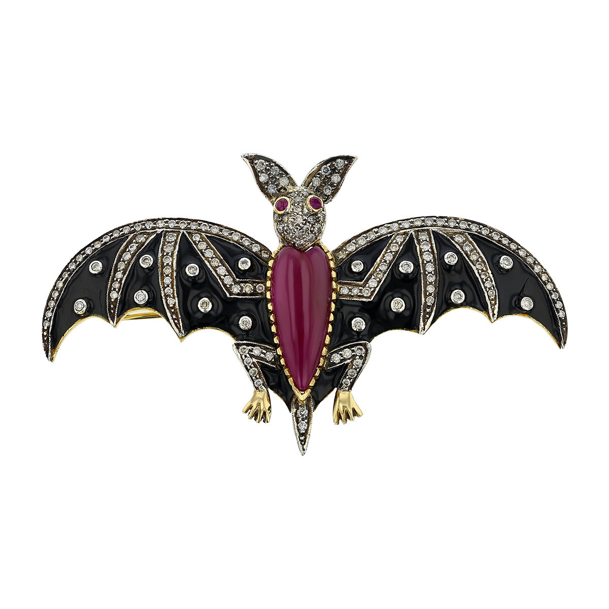 Pear-Shaped Ruby Enamel Bat Pin with Diamonds | Sylvan's Jewelers